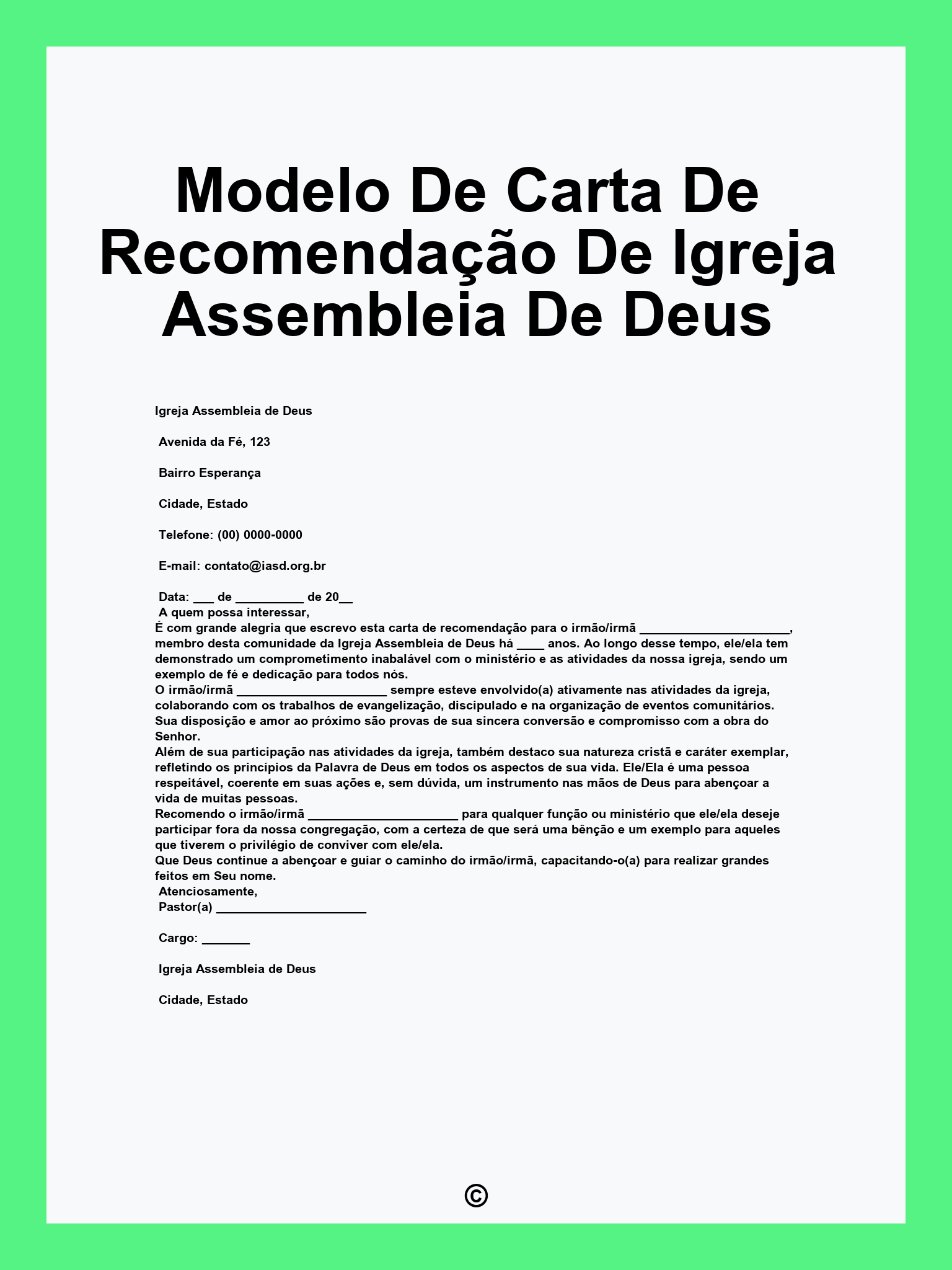 Modelo De Carta De Recomendação De Igreja Assembleia De Deus